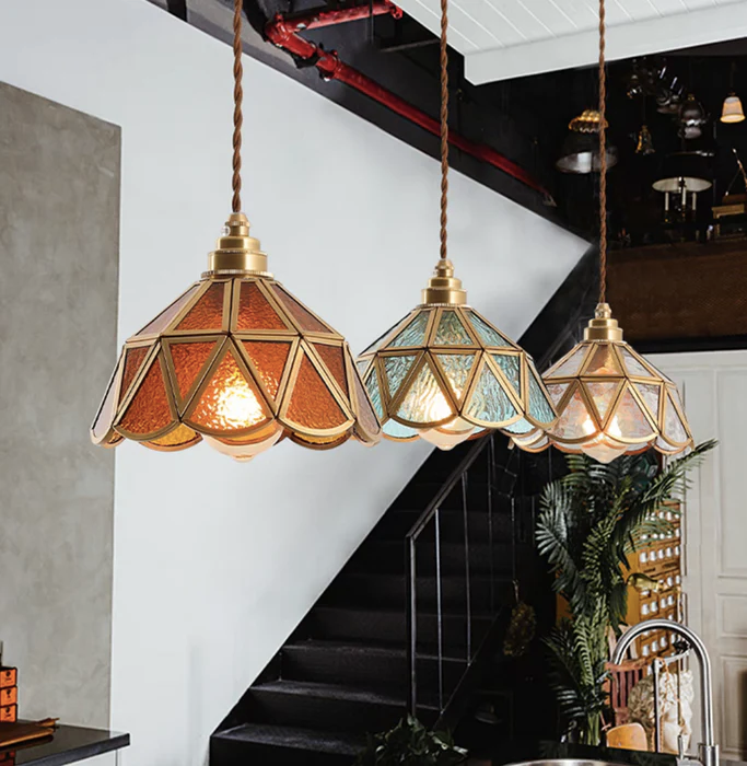 Tiffany Vintage Brass & Stained Glass (blue) Irregular Lattice Pendant — Lyfairs