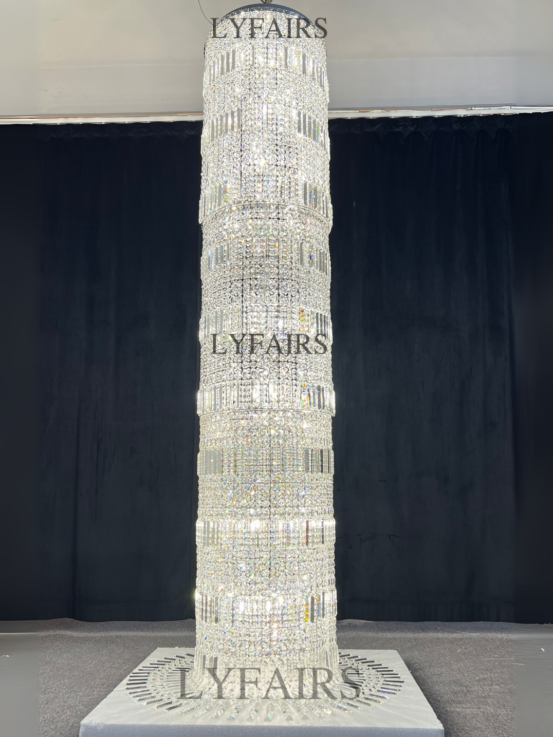 Oversized Art Designer Silver Crystal Long Ceiling Column Waterfall Ch ...