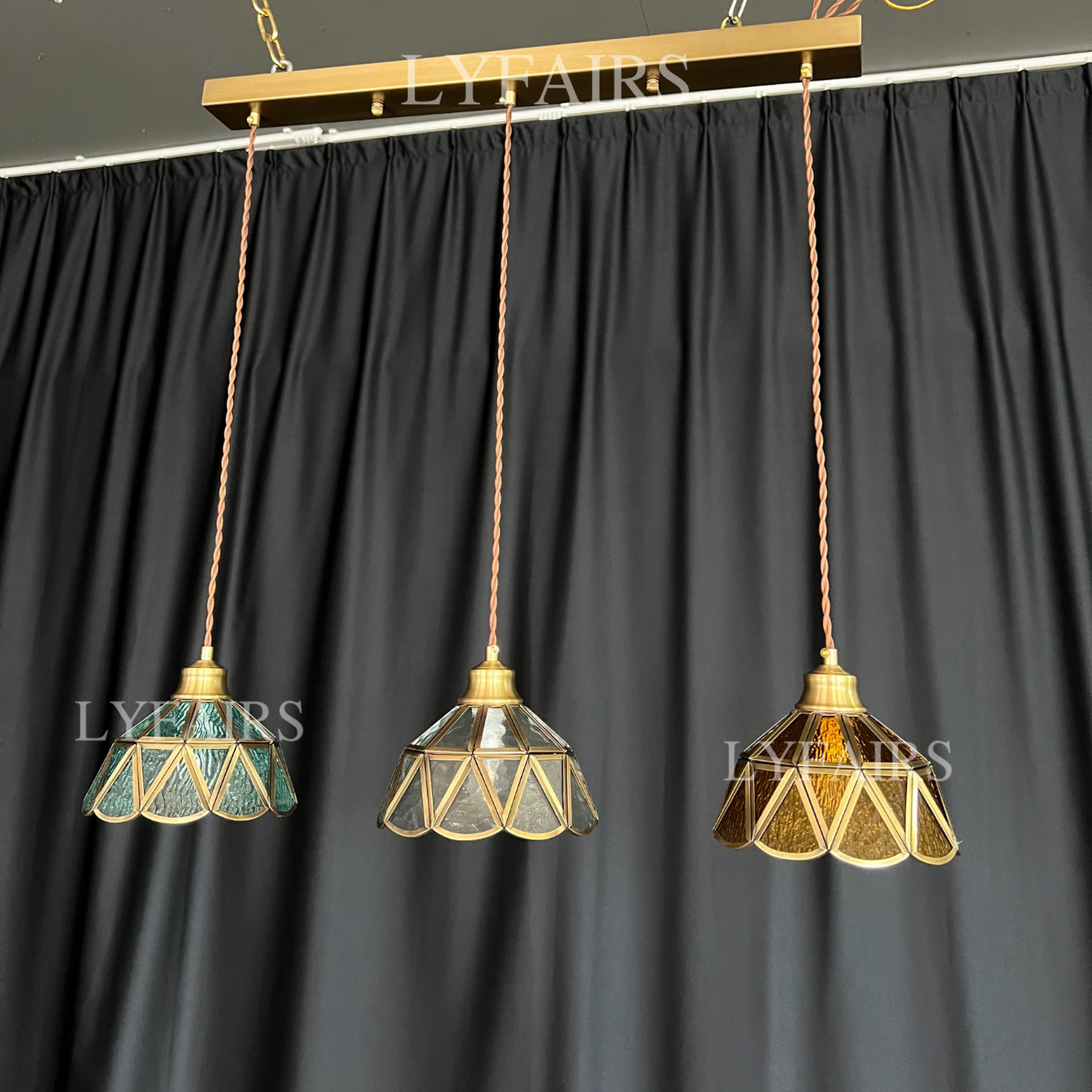 Tiffany Vintage Brass and Stained Glass Irregular Lattice Pendant Chan ...