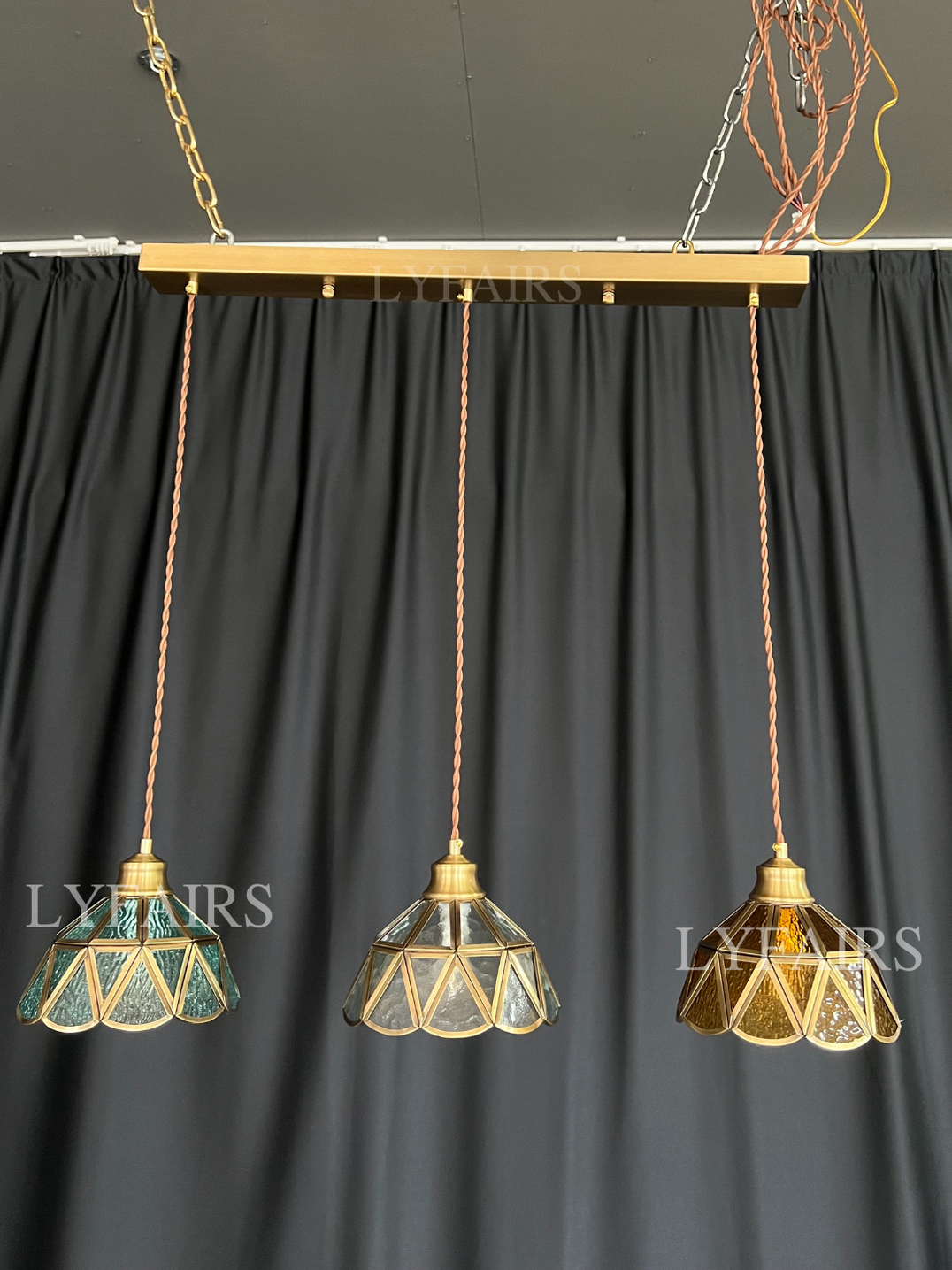 Tiffany Vintage Brass and Stained Glass Irregular Lattice Pendant Chan ...