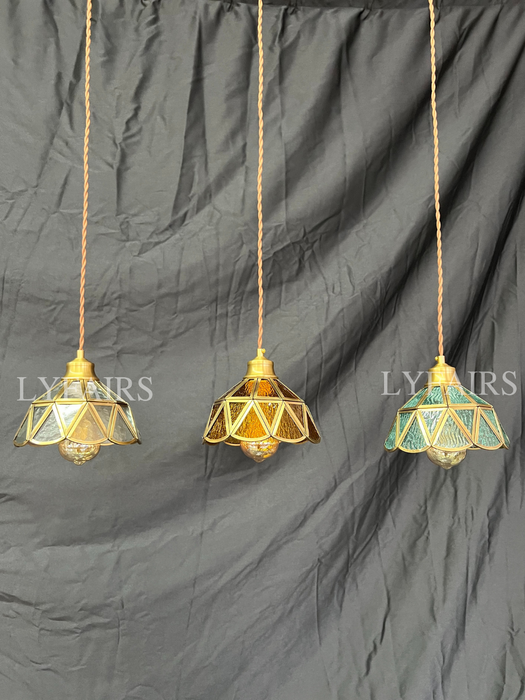 Tiffany Vintage Brass and Stained Glass Irregular Lattice Pendant Chan ...