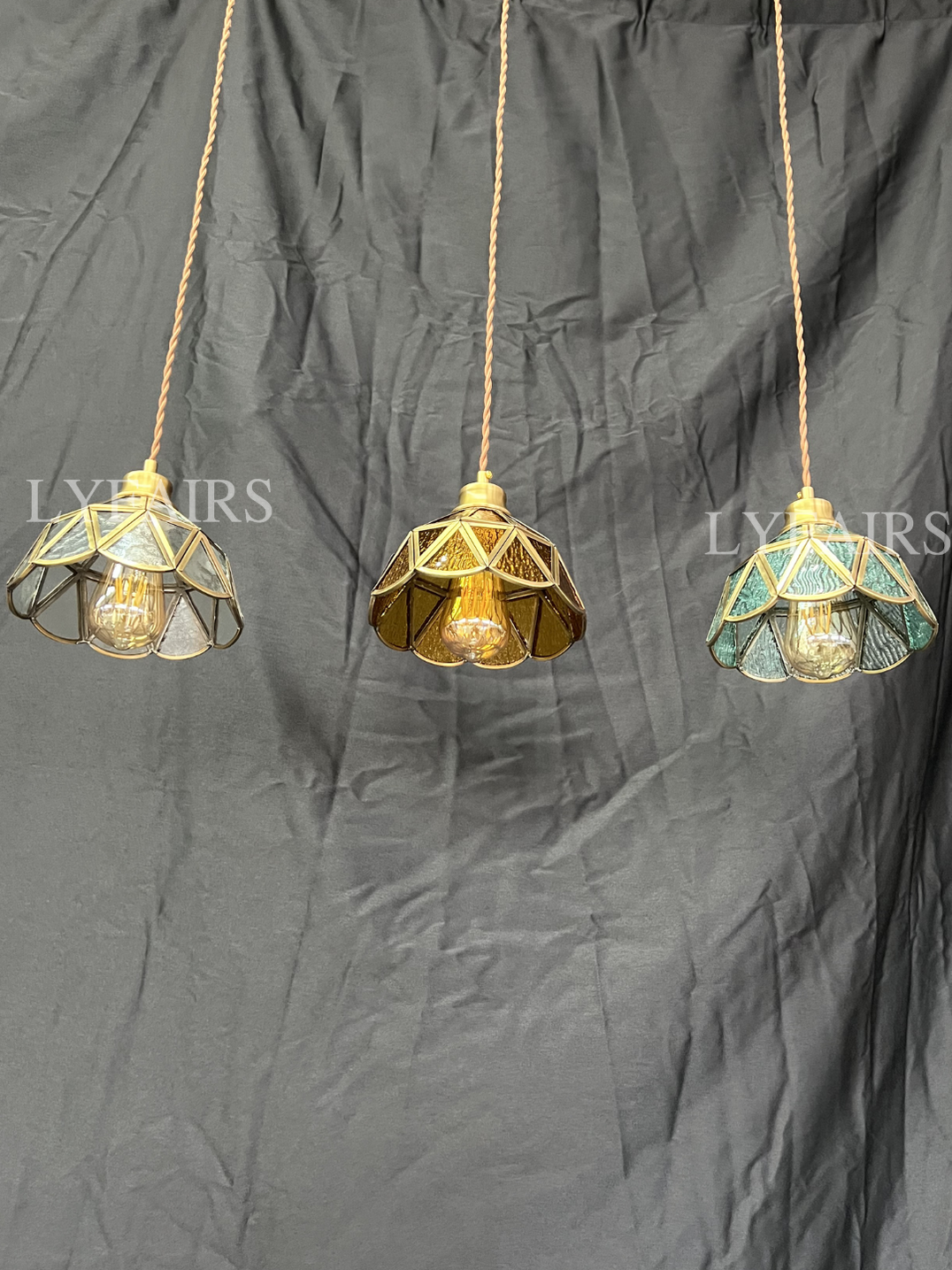 Tiffany Vintage Brass and Stained Glass Irregular Lattice Pendant Chan ...