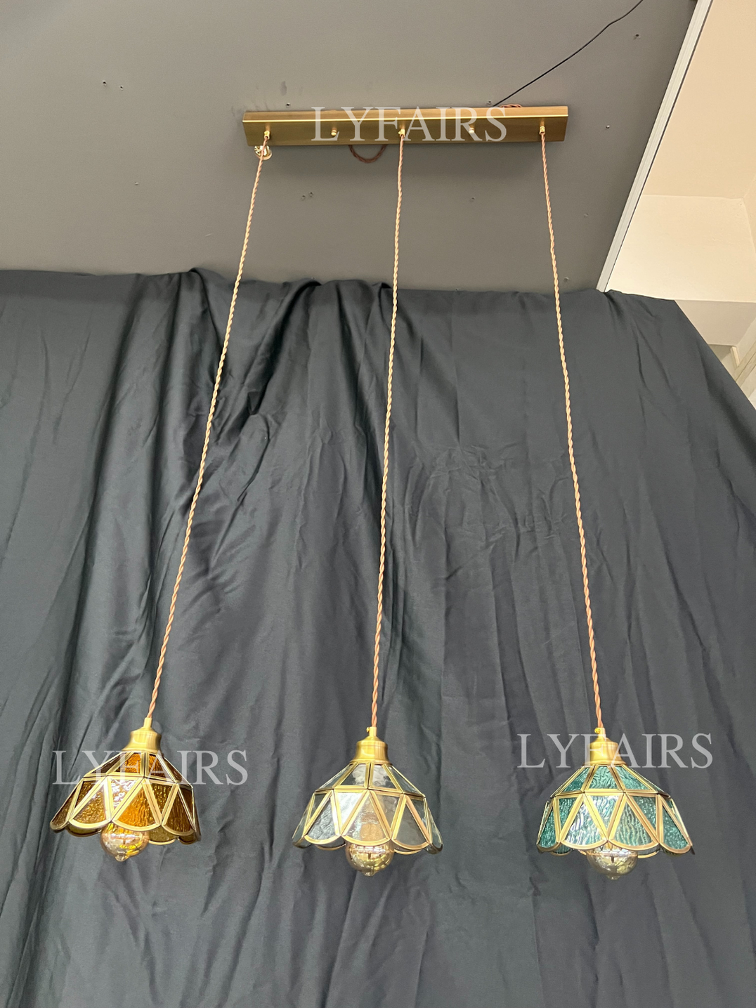 Tiffany Vintage Brass and Stained Glass Irregular Lattice Pendant Chan ...