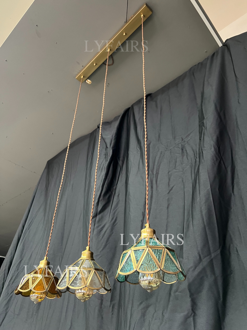 Tiffany Vintage Brass and Stained Glass Irregular Lattice Pendant Chan ...
