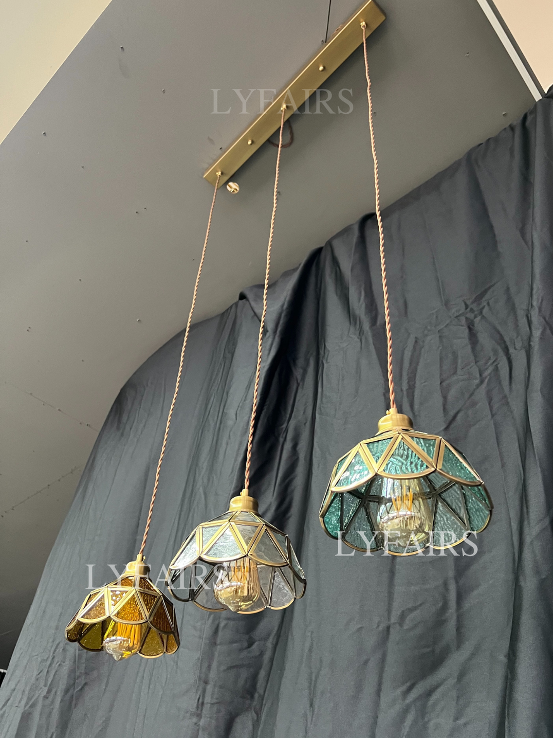 Tiffany Vintage Brass and Stained Glass Irregular Lattice Pendant Chan ...