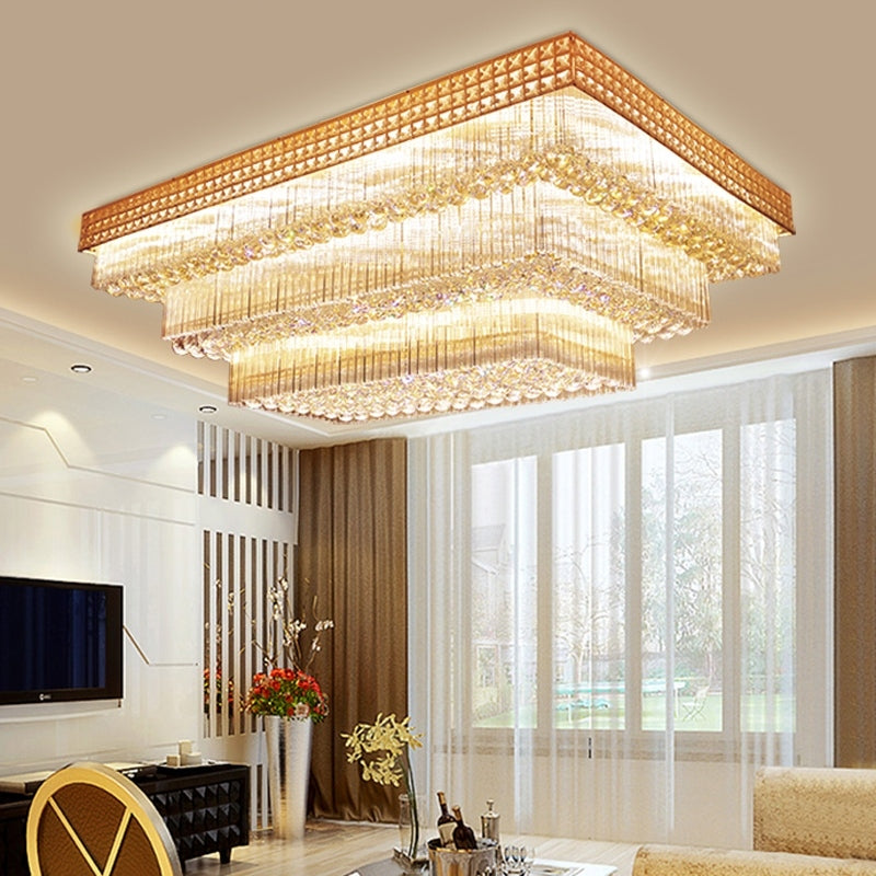 Extra Large Three Layers Rectangular Luxury Flush Mounted Crystal Chan ...