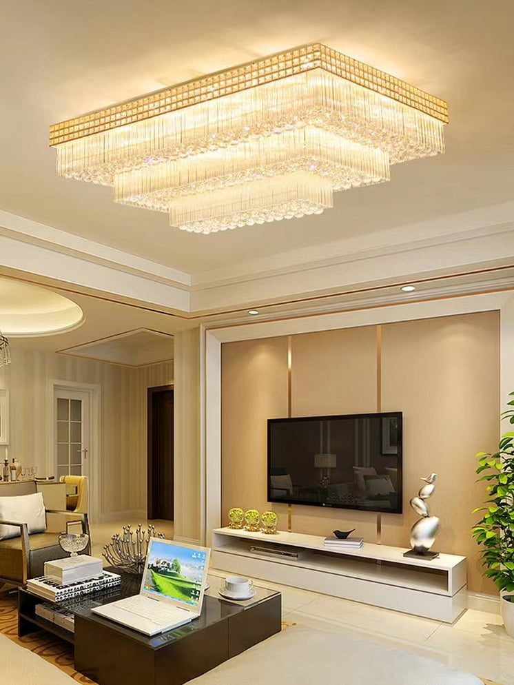 Extra Large Three Layers Rectangular Luxury Flush Mounted Crystal Chan ...